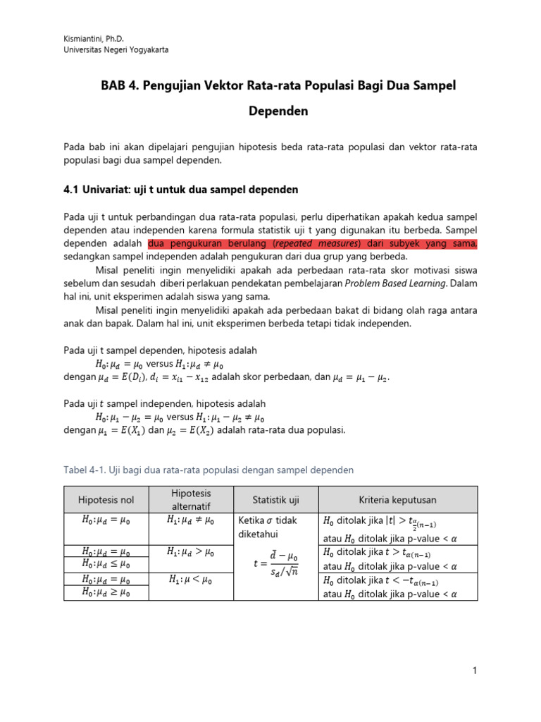 Pengujian Vektor Rata-Rata Bagi Dua Sampel Dependen | PDF