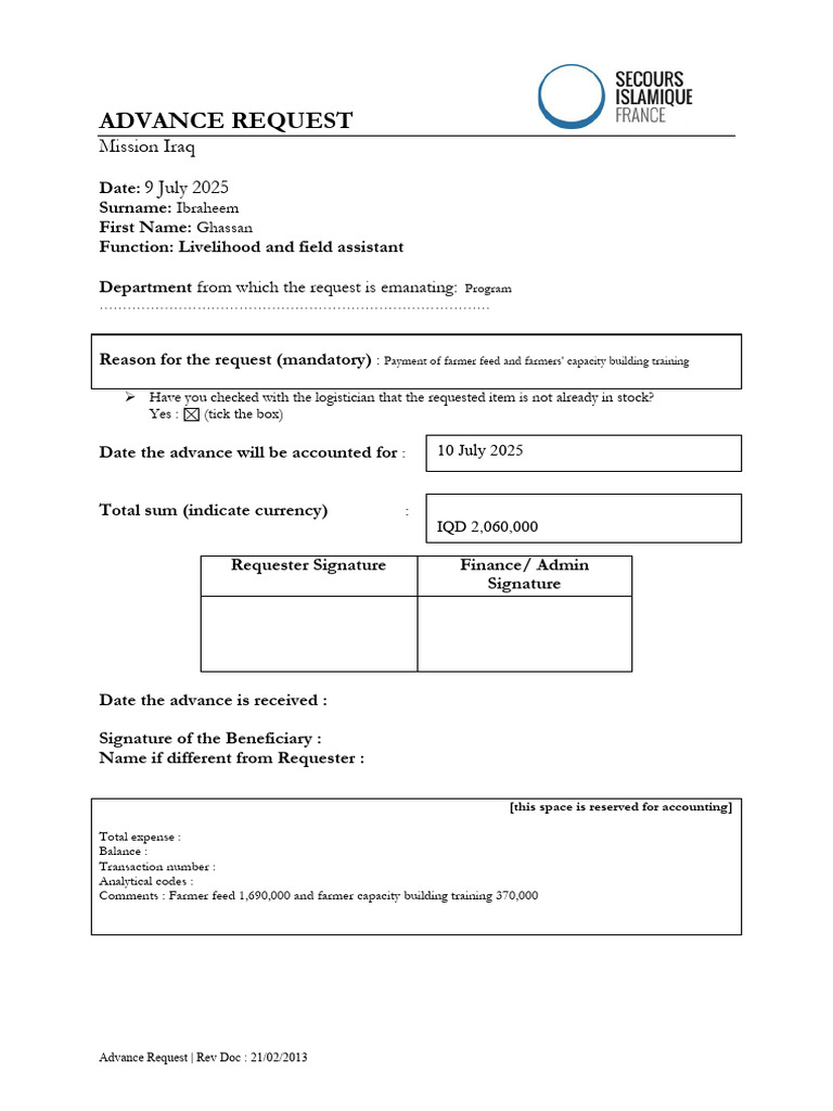 Advance Request Template | PDF