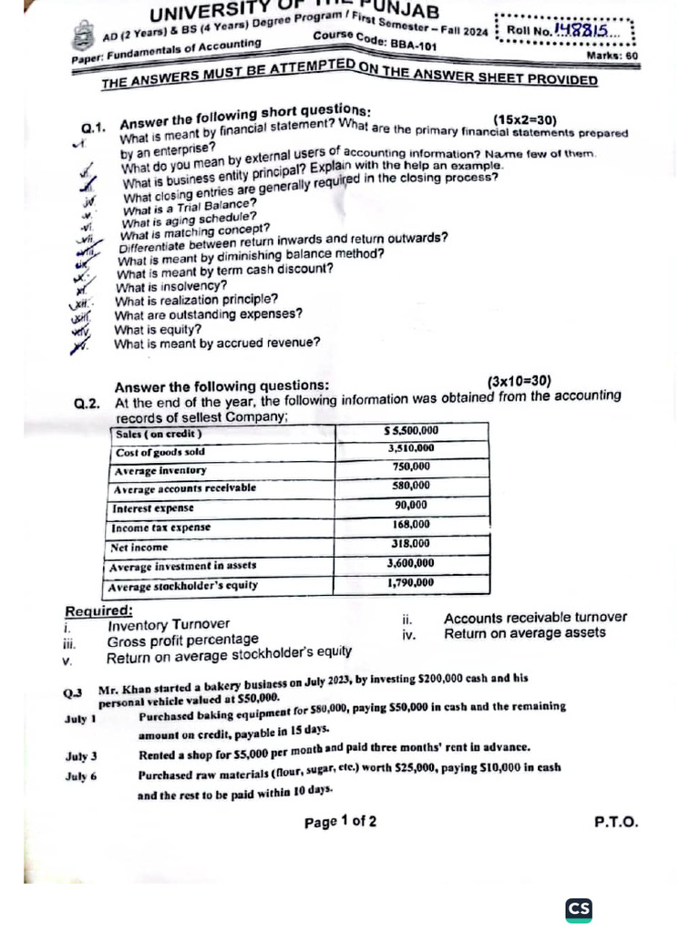 BBA S1 Past Paper | PDF