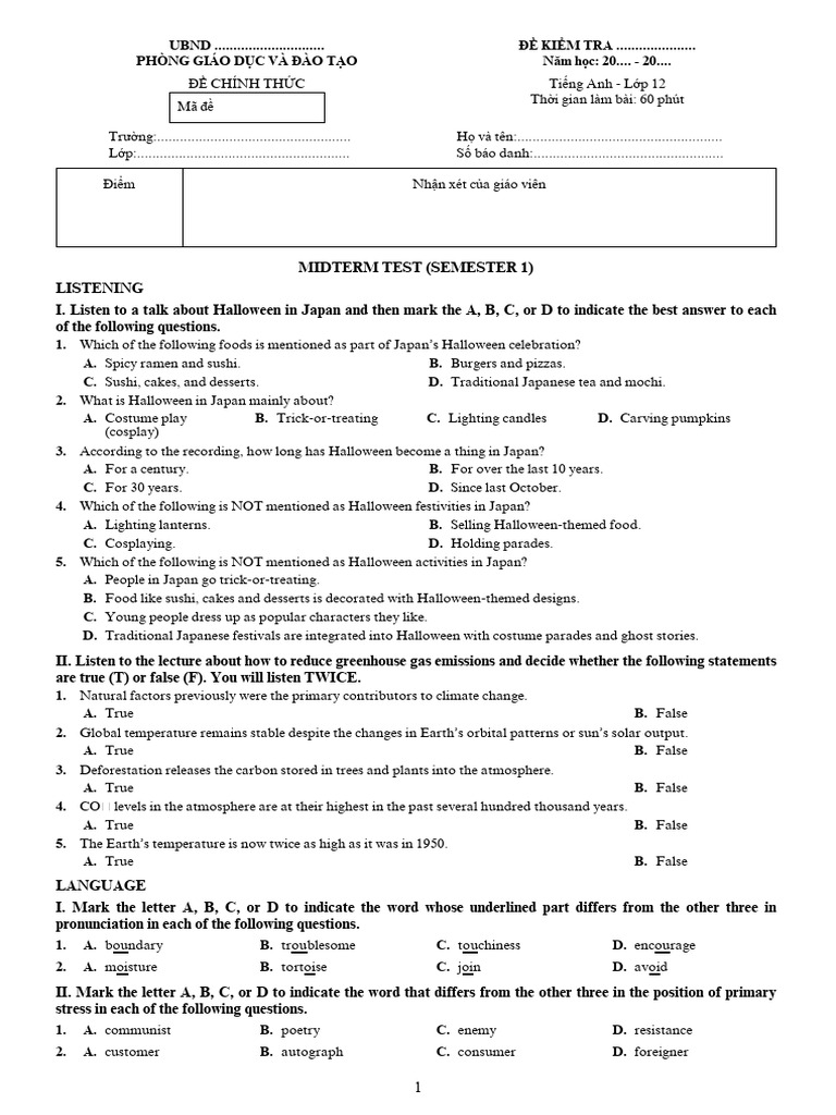 (Gs 12) Midterm Test (Semester 1) | PDF | Blue | Red
