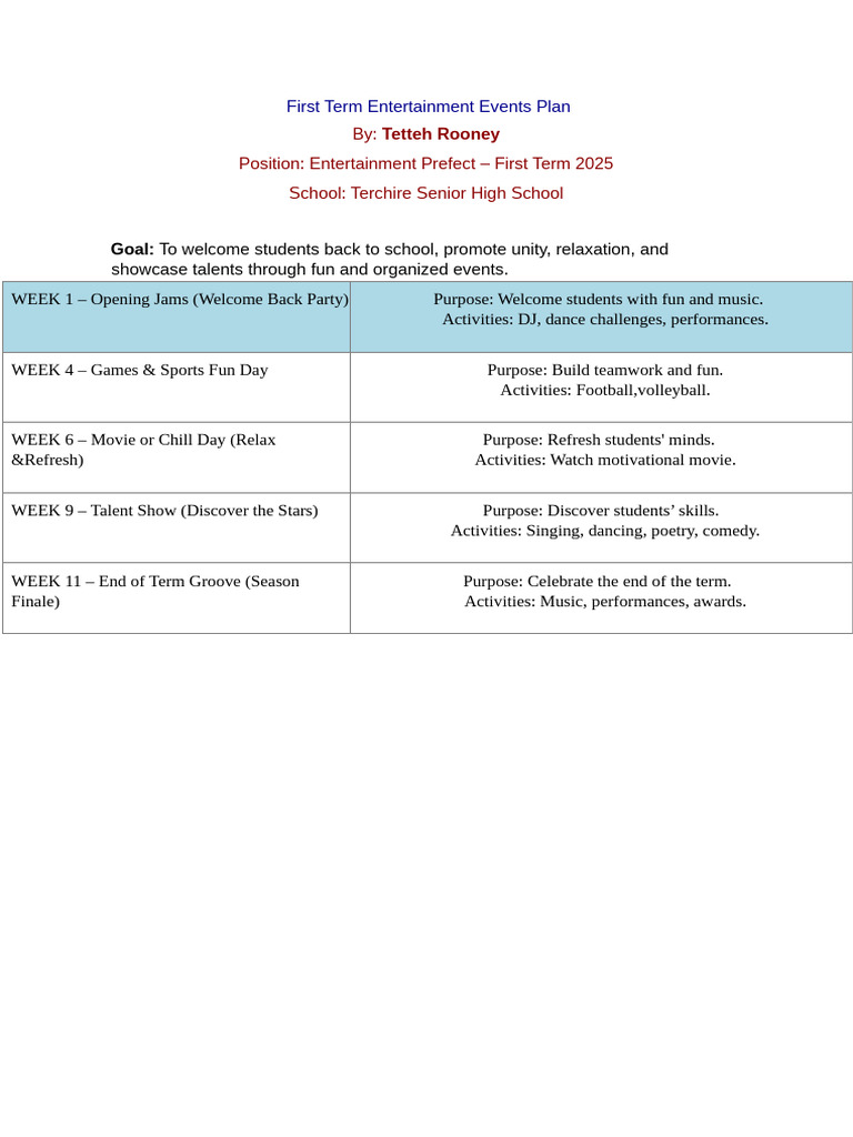 First Term Entertainment Events Plan | PDF