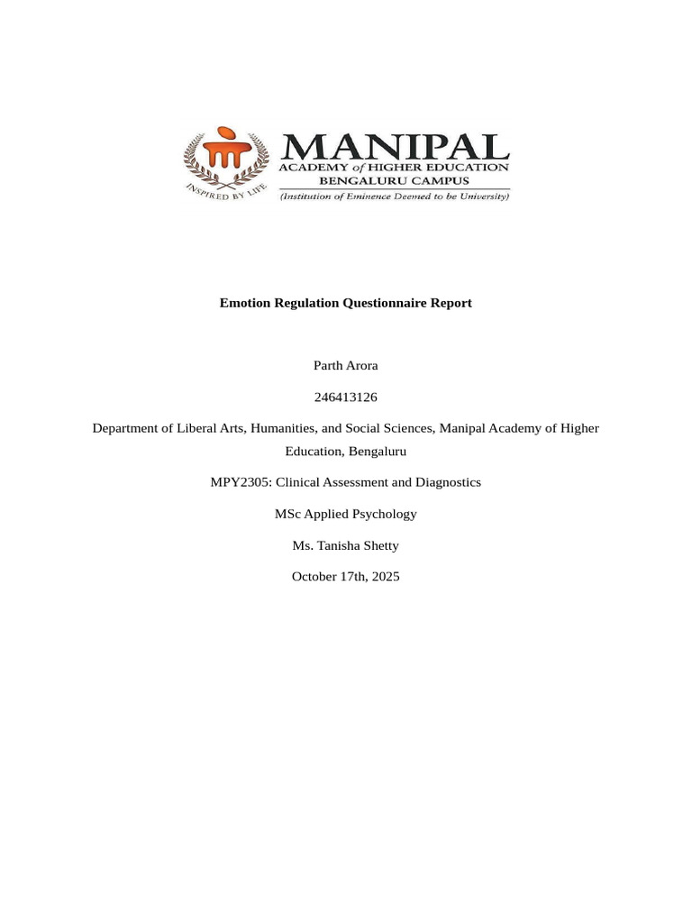 Emotion Regulation Questionnaire Report, Parth | PDF | Emotional Self ...