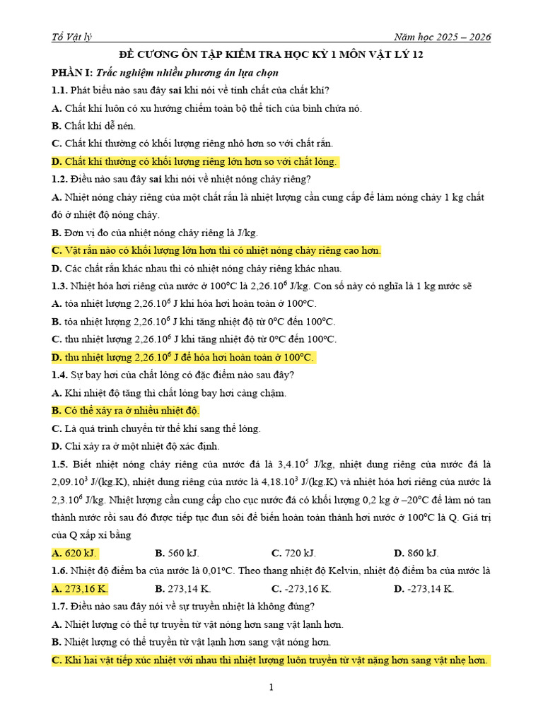 Vat Ly 12 Ck1 de Cuong 2526 | PDF