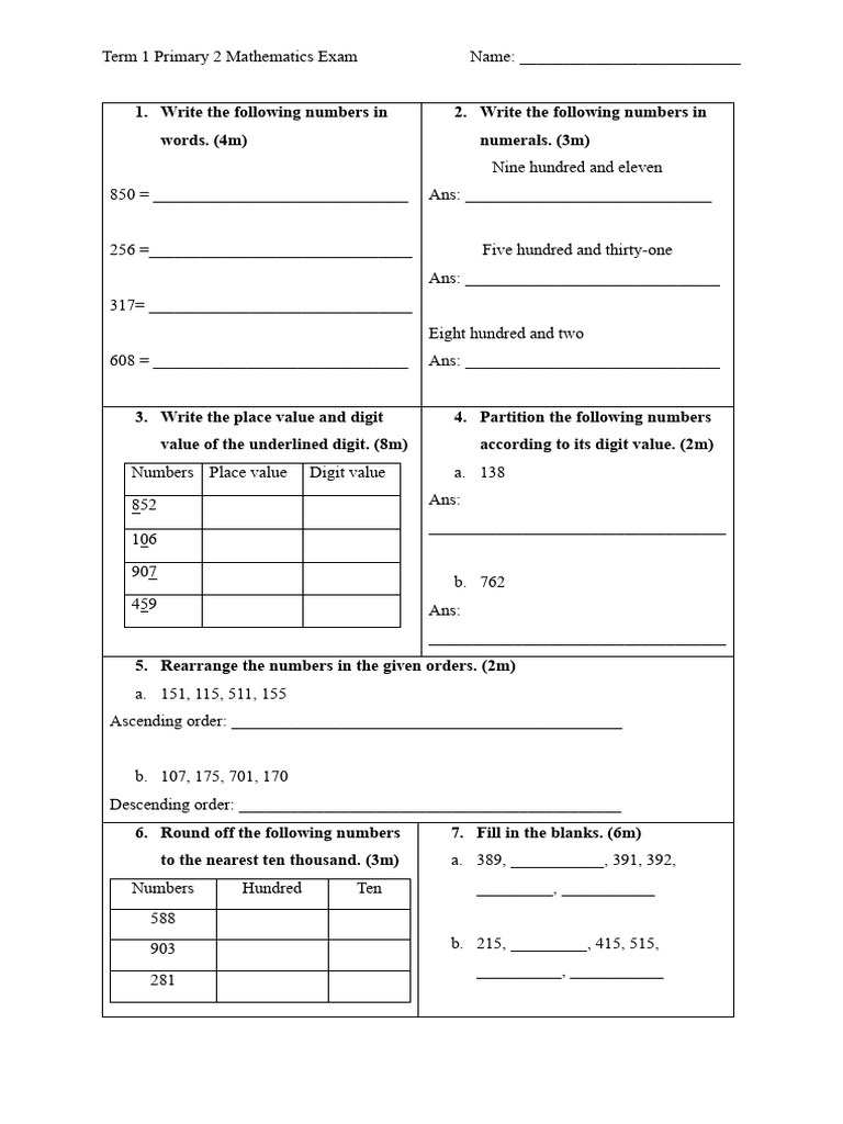 Term 1 Primary 2 Maths Exam | PDF | Chess | Chess Theory