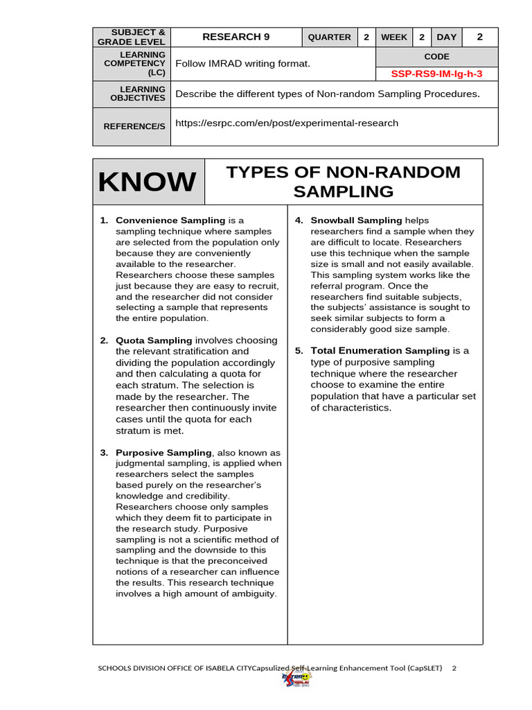 Q1W7D3 4 Types of Sampling Procedure Non Random Sampling | PDF | Sampling (Statistics ...
