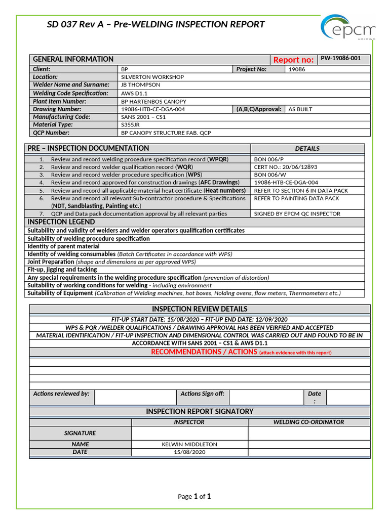 Pre-Welding Inspection Report for BP | PDF | Welding | Construction