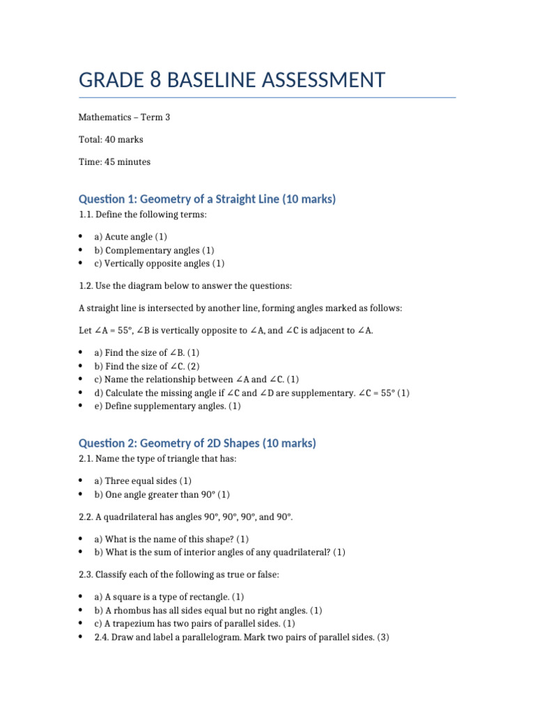 Grade 8 Math Baseline Assessment | PDF