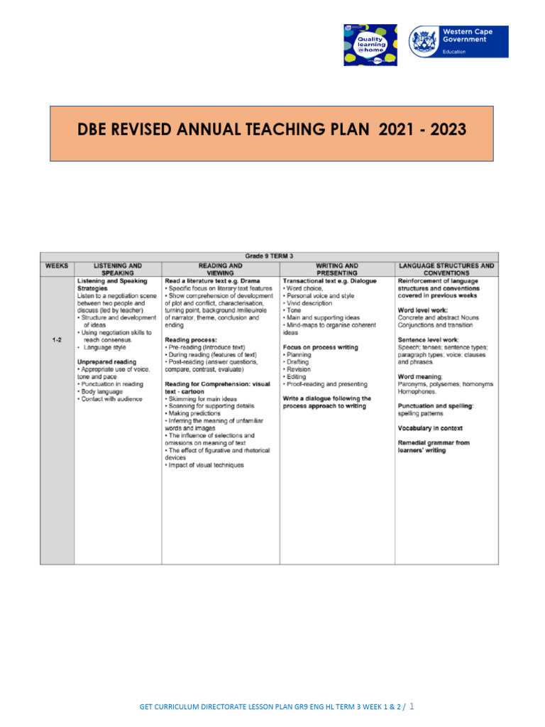 Gr9 English HL Lesson Plan Term 3 | PDF | Reading Comprehension | Grammar