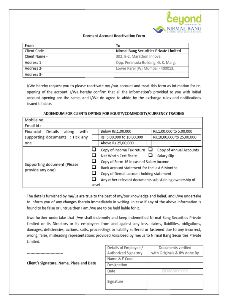 Dormant Account Reactivation Form | PDF | Business | Economies