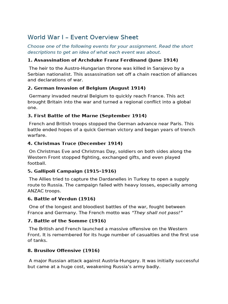 Key Events of World War I Overview | PDF | German Empire | Western ...