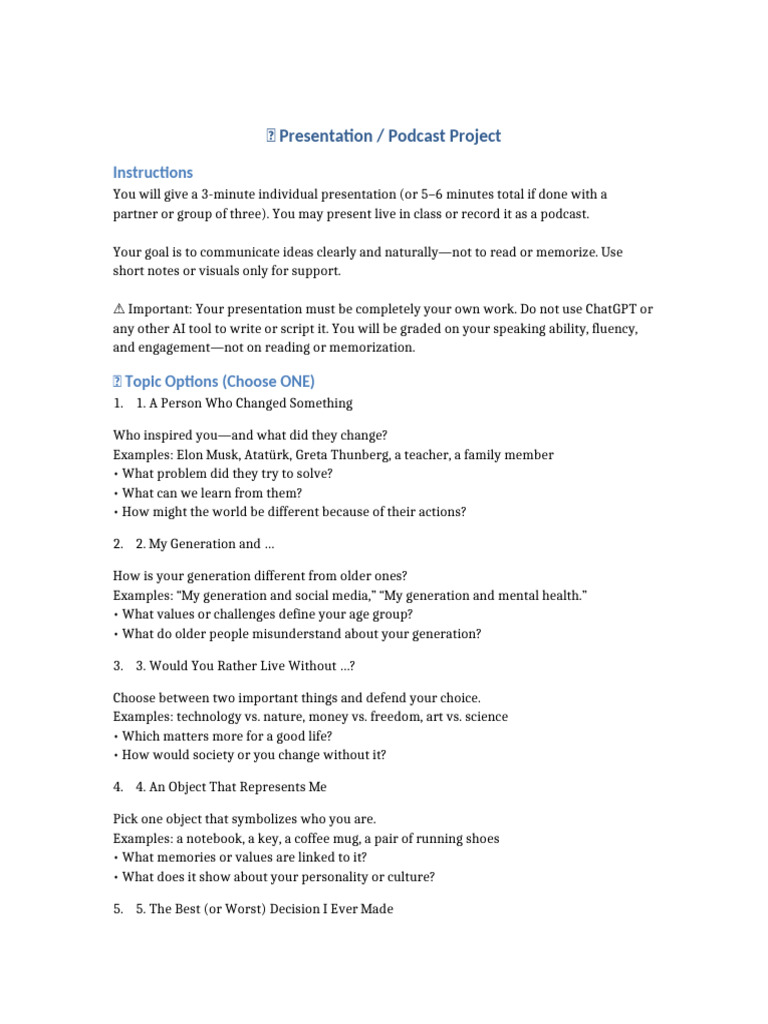 Presentation Guidelines for Podcast Project | PDF | Fluency | Cognitive ...