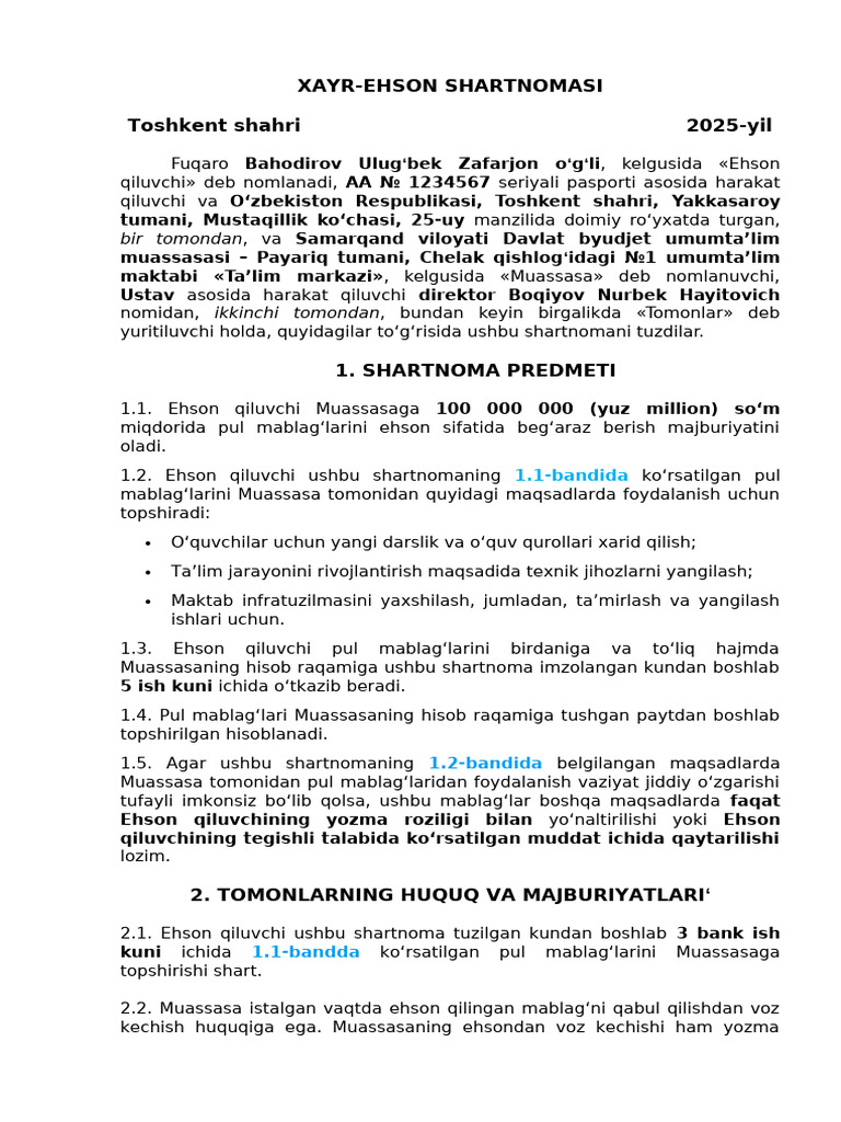 Xayr-Ehson Shartnomasi | PDF