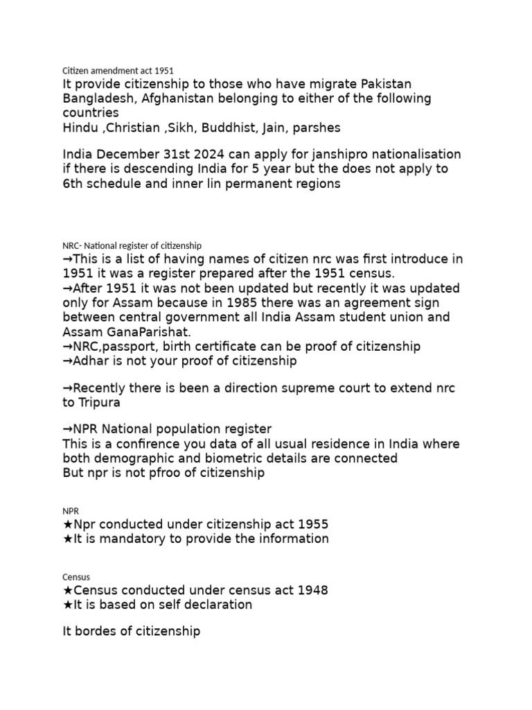 Overview of Citizenship Amendment Act 1951 | PDF