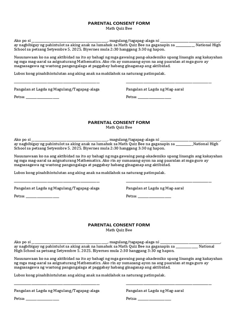Parental Consent Math Quiz Bee | PDF