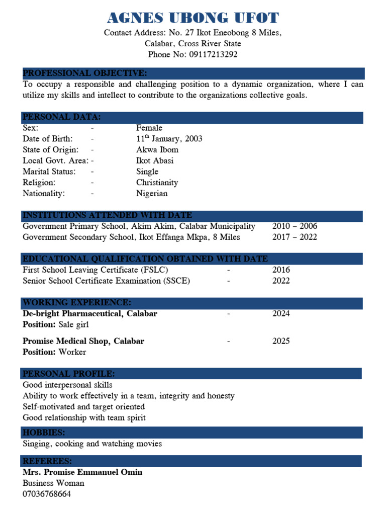Agnes Ufot Resume and Profile Summary | PDF