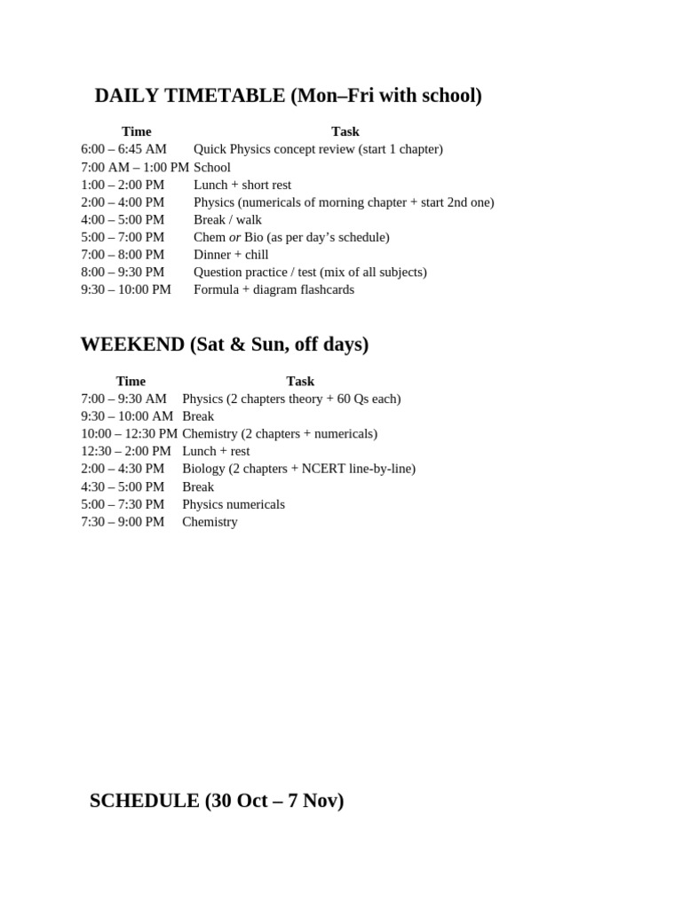 Daily Study Timetable for Science Subjects | PDF | Natural Sciences ...
