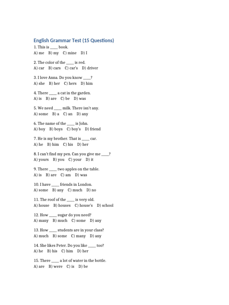 English Grammar Test 15 Questions | PDF