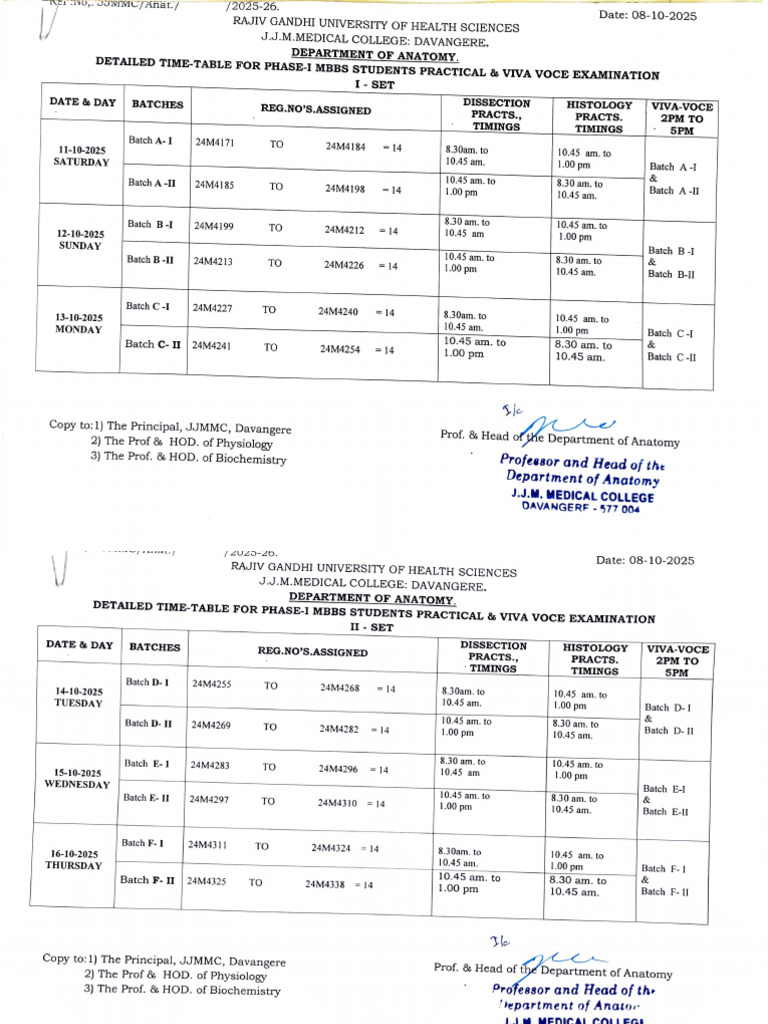 Anatomy - Detailed Timetable For Practical & Vivavoce Examination | PDF ...