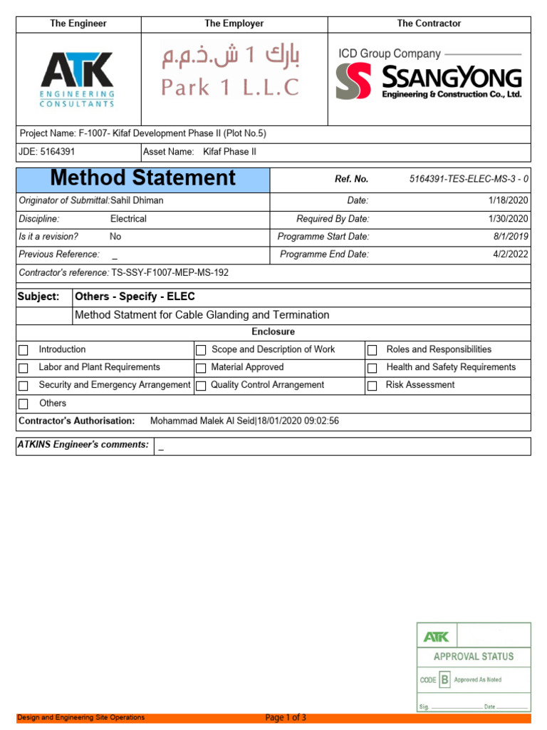 Electrical Cable Glanding Method Statement | PDF | Electrical Connector ...