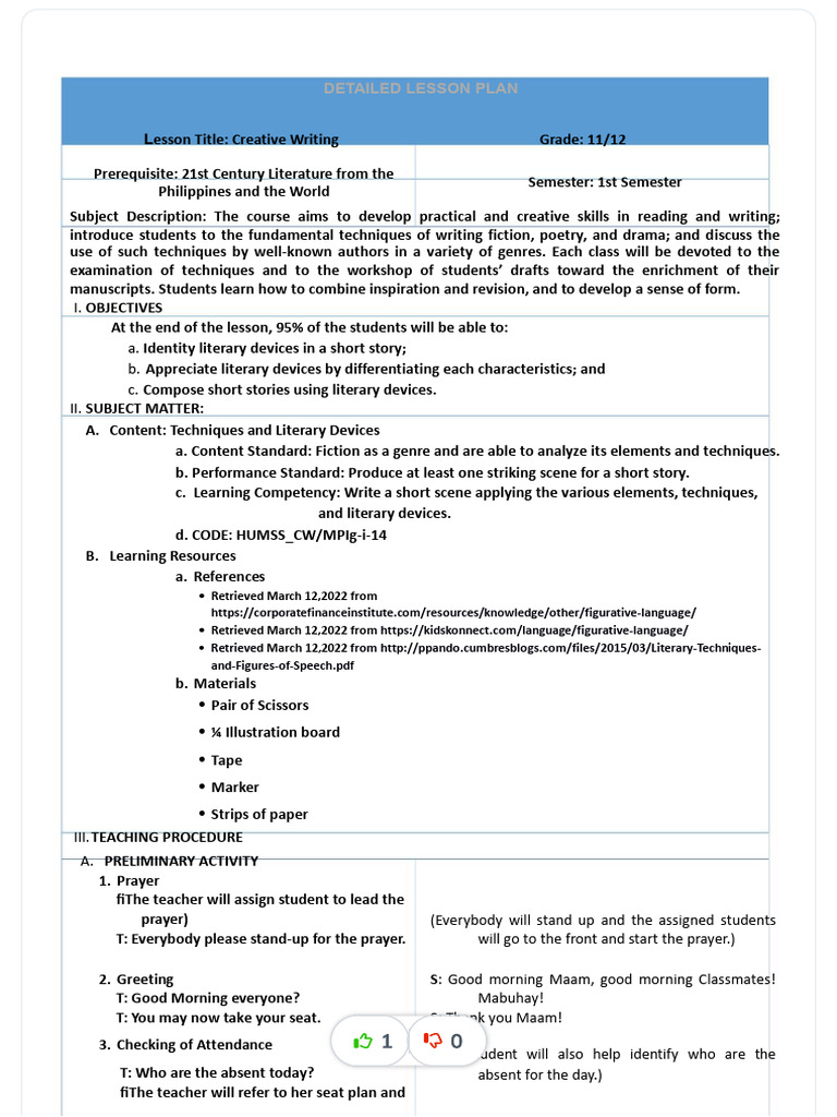 Creative Writing Lesson Plan for Grades 11-12 | PDF | Metaphor | Lesson ...