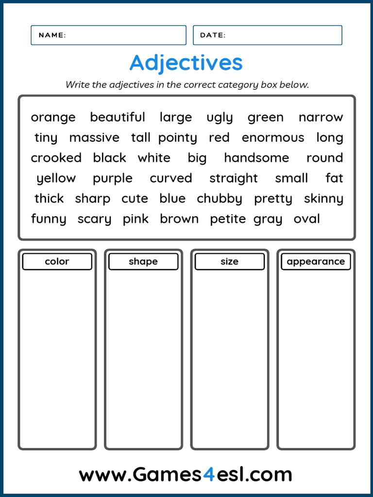 Adjectives Categorization Worksheet | PDF