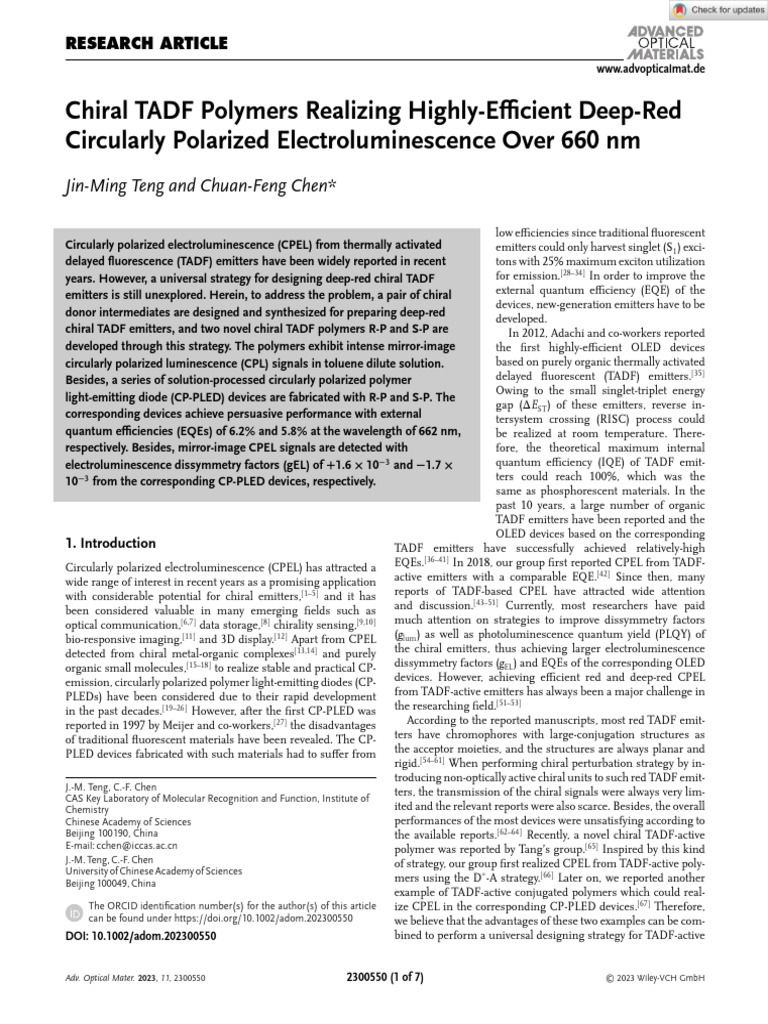 Advanced Optical Materials - 2023 - Teng - Chiral TADF Polymers ...