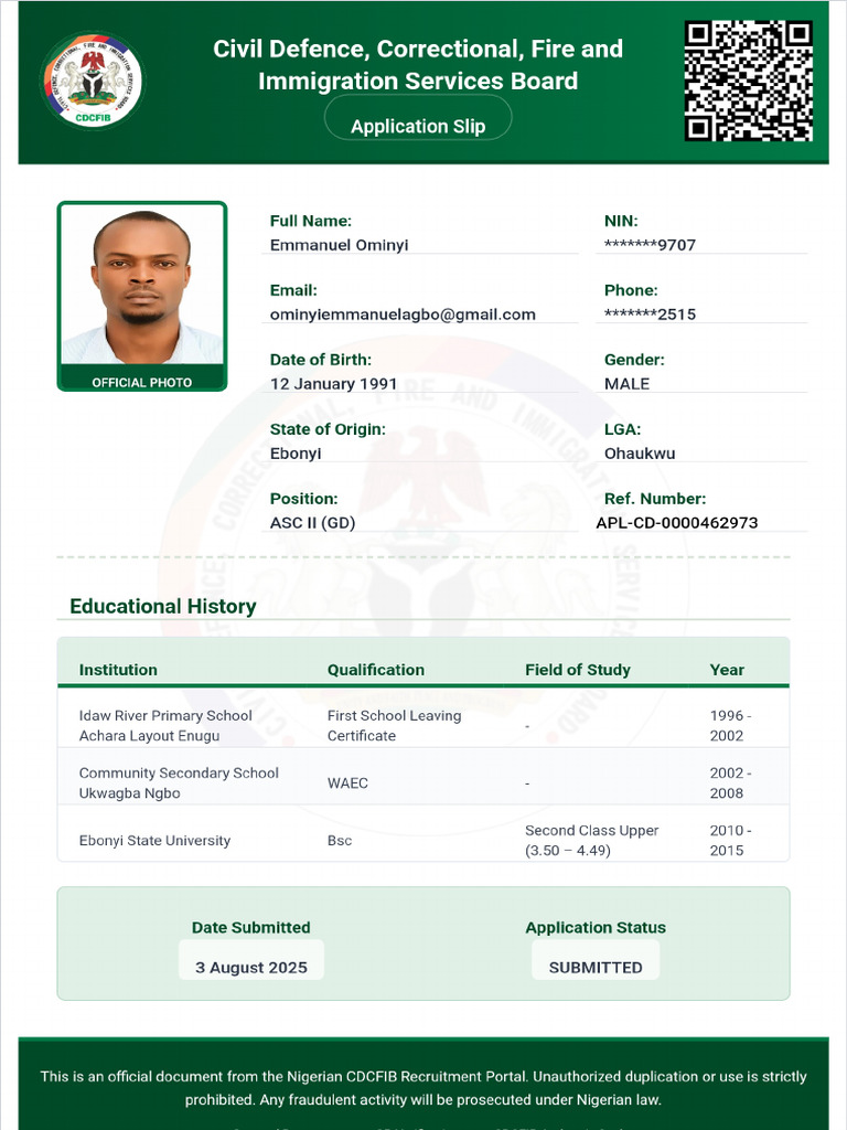 Emmanuel Agbo Ominyi Application Slip | PDF
