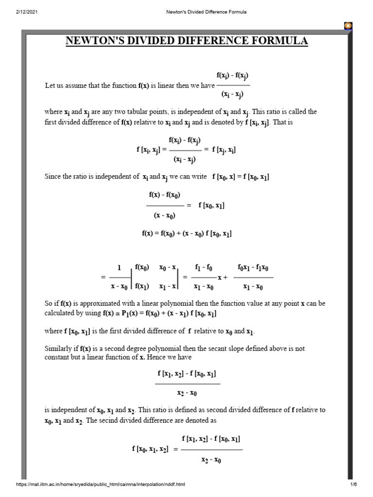 Newton's Divided Difference Formula | PDF | Equations | Numerical Analysis