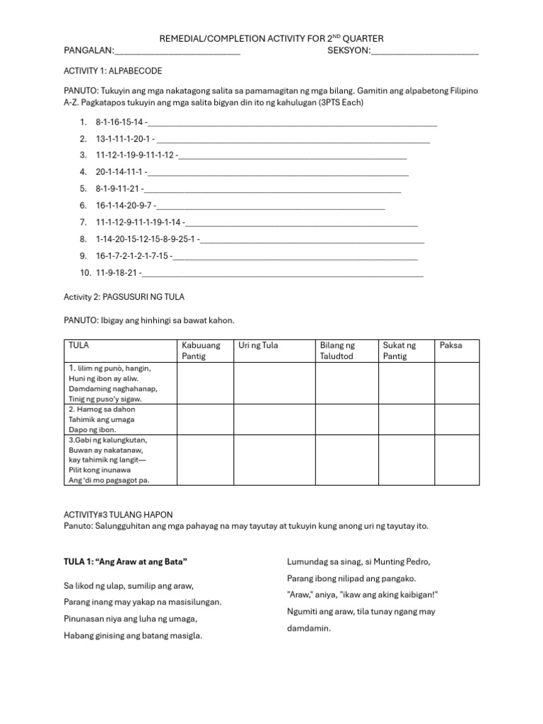 Completion Activity Second Quarter Filipino 9 | PDF