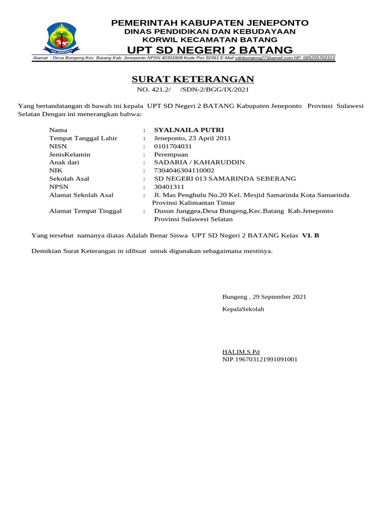 Surat Keterangan Siswa SD Jeneponto | PDF