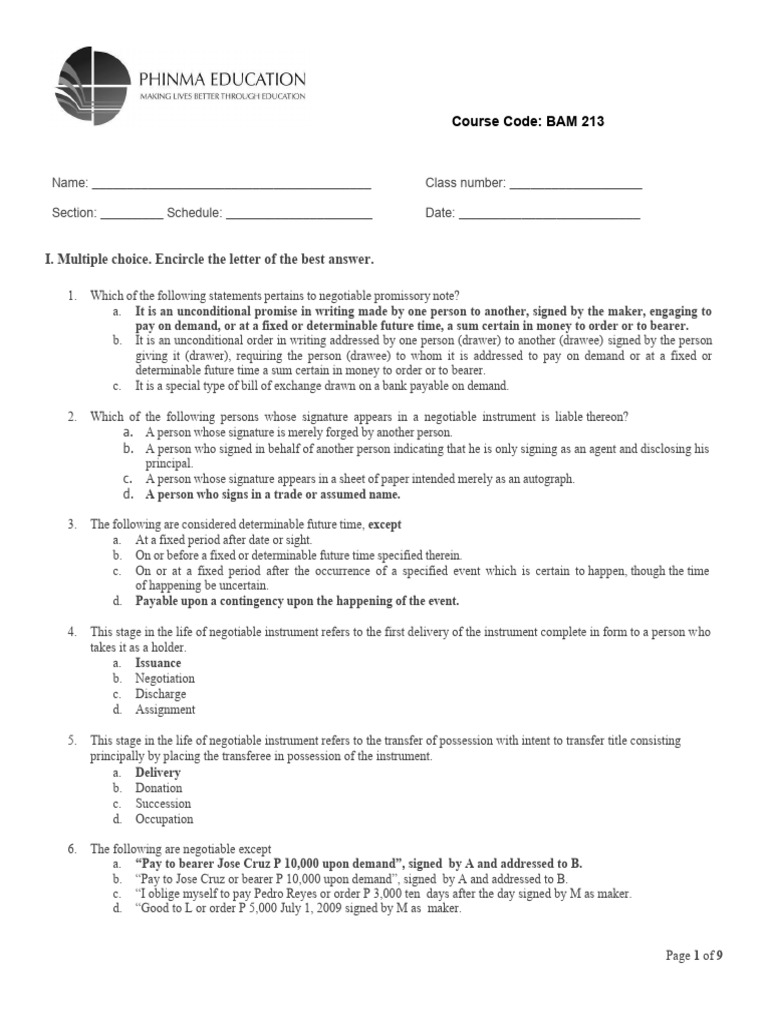 BAM 213 Mock CFE Answer Key | PDF | Negotiable Instrument