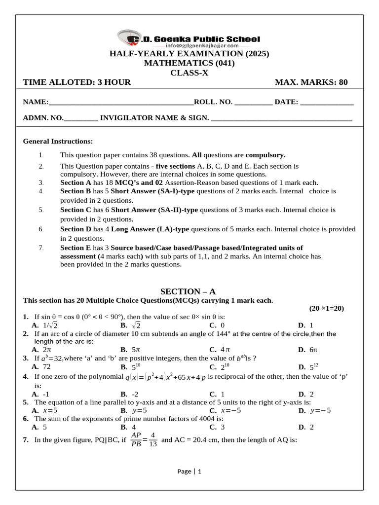 Class X Mathematics Half-Yearly Exam 2025 | PDF | Multiple Choice ...