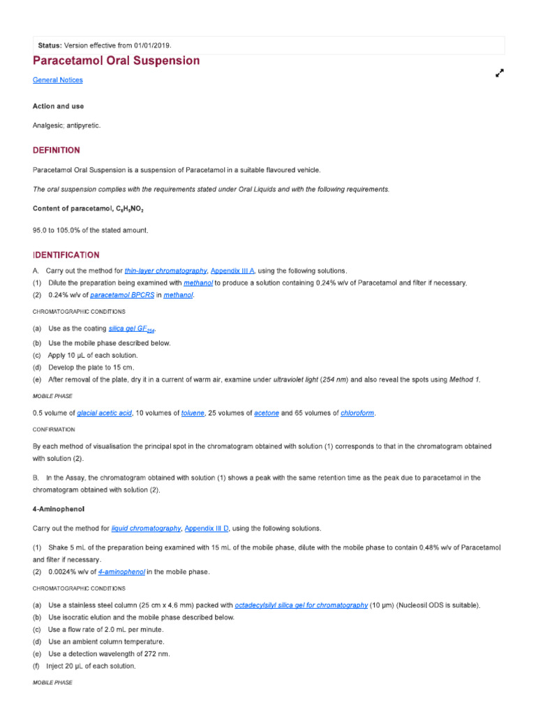 Paracetamol Oral Suspension Monograph | PDF