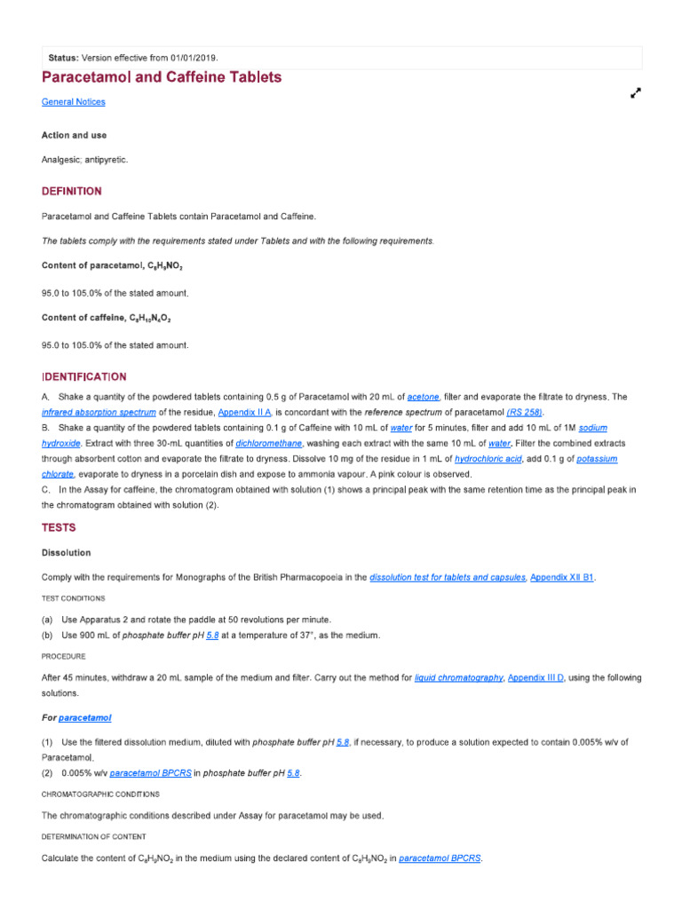 Paracetamol and Caffeine Tablets-Monograph MOA | PDF