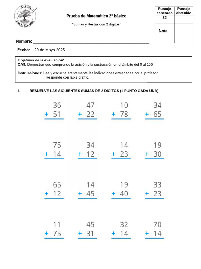 Prueba de Sumas y Restas 2° Básico | PDF