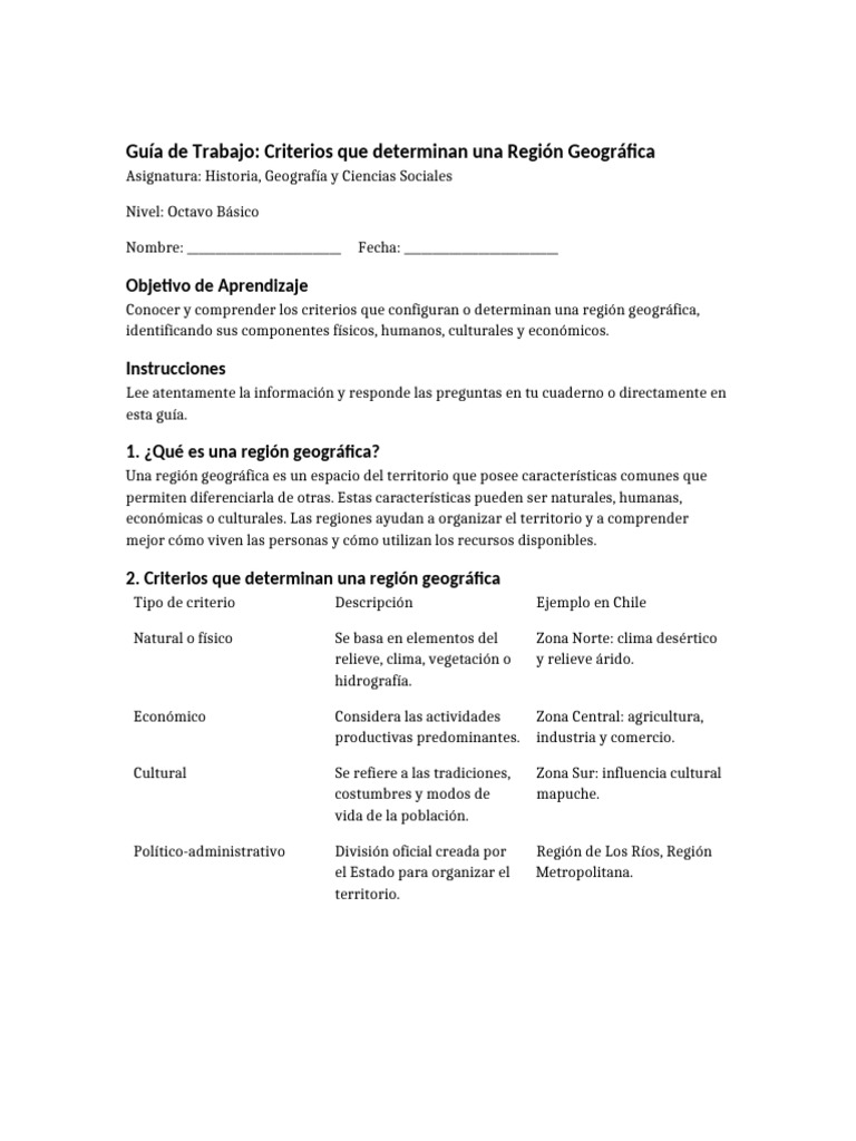 Guía - Criterios - Region - Geografica 2 - Octavo Básico | PDF ...