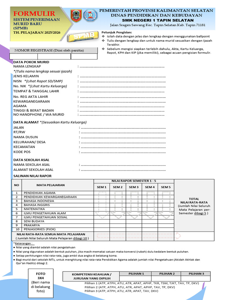 Formulir Pendaftaran Siswa SMK 2025/2026 | PDF