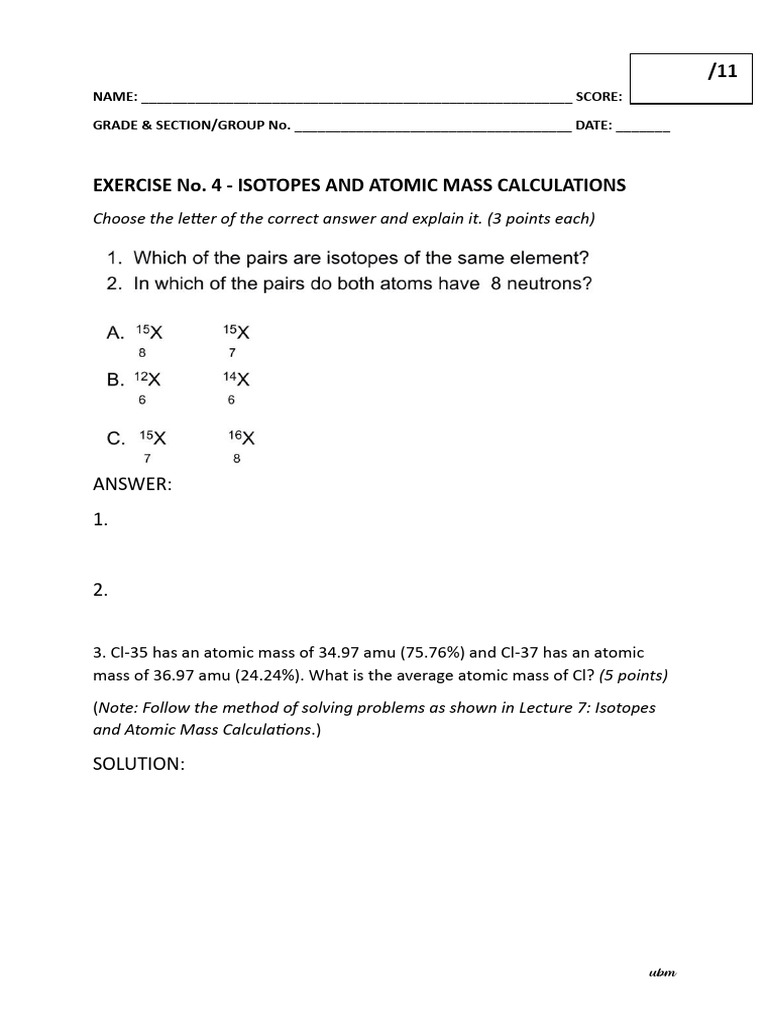 Exercise 4 Isotopes and Atomic Mass Calculations | PDF