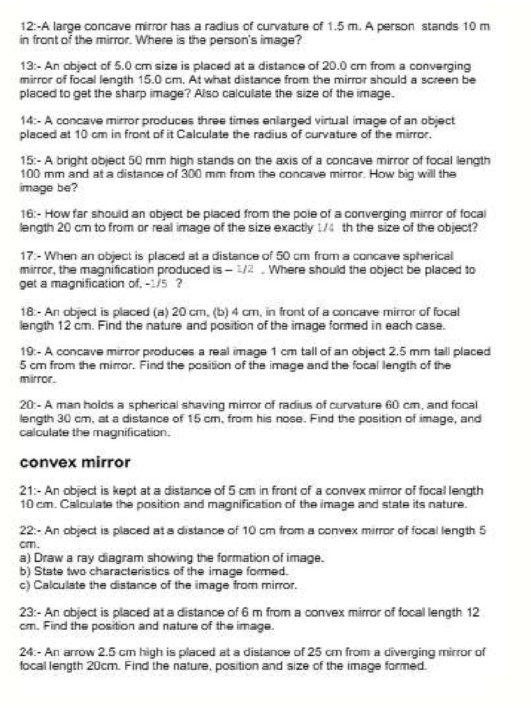 Concave and Convex Mirror Numericals | PDF