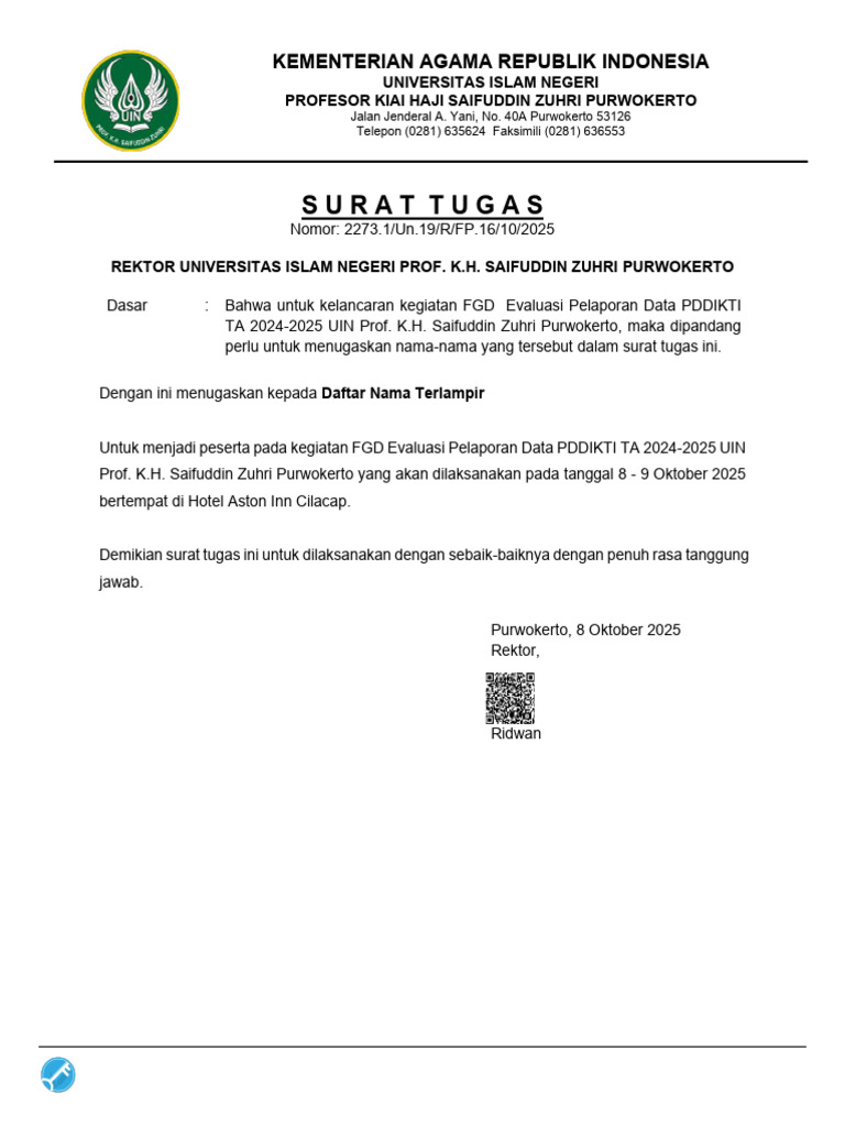 Surat Tugas FGD PDDIKTI UIN Purwokerto | PDF