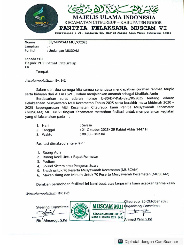 Permohonan Fasilitas Kegiatan Muscam Mui | PDF