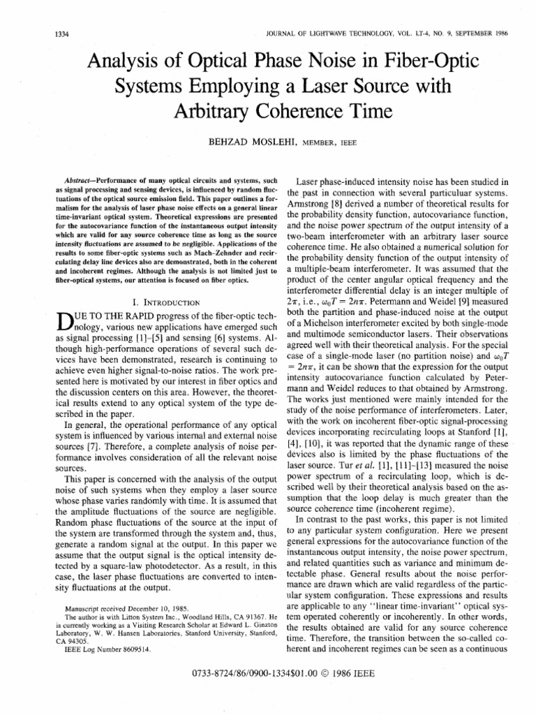 Optical Phase Noise in Fiber Systems | PDF | Coherence (Physics) | Laser