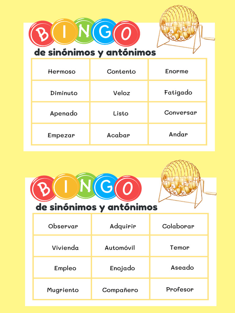 Bingo de Sinonimos y Antonimos | PDF