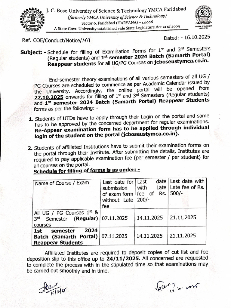 Schedule for Filling of Examination Forms for 1st and 3rd Semesters ...