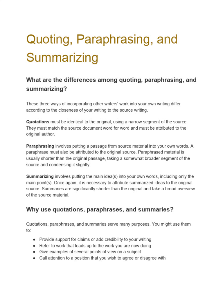 Understanding Quoting, Paraphrasing, Summarizing | PDF | Ellipsis ...