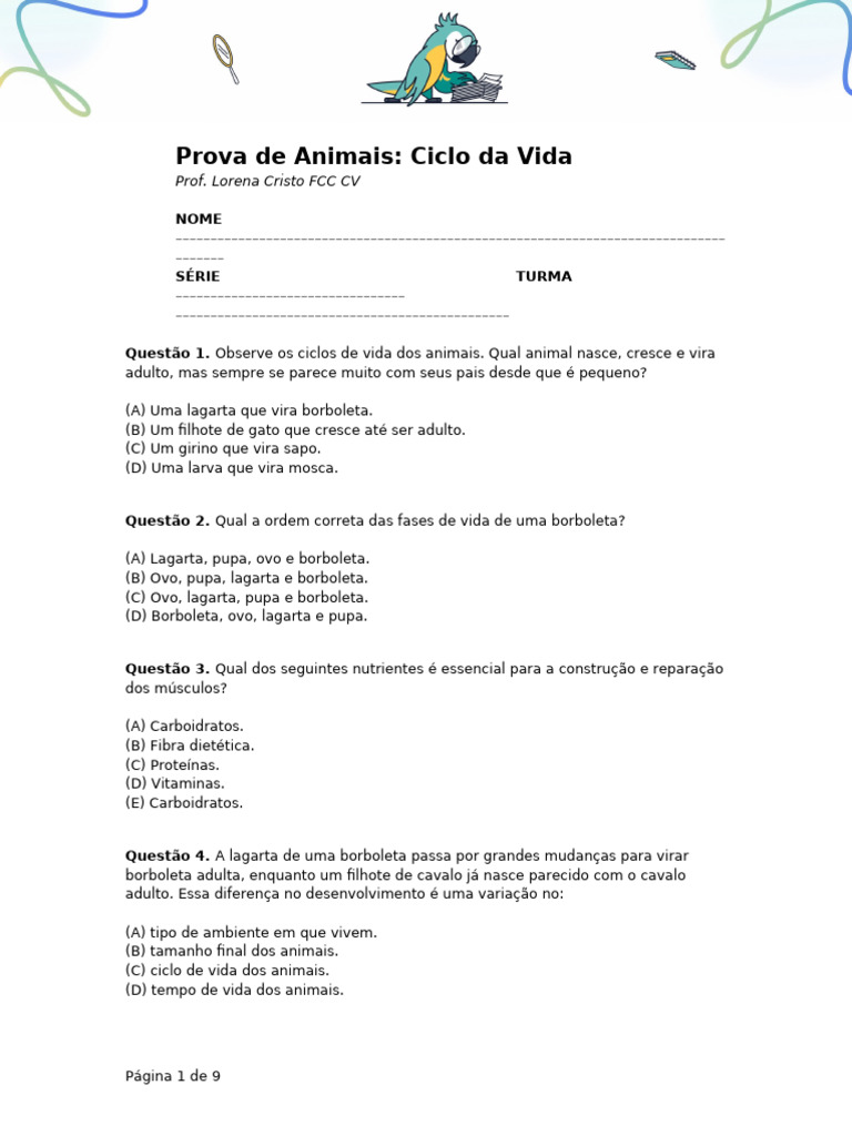 Prova de Animais Ciclo Da Vida | PDF | Som | Sapo