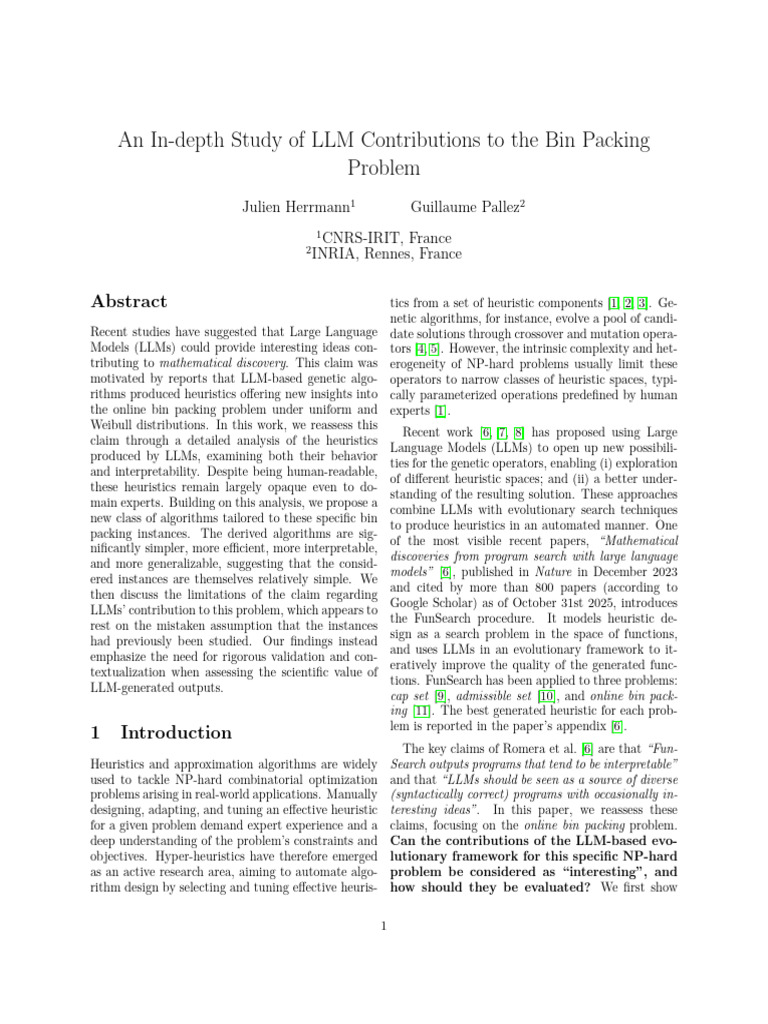 An In-Depth Study of LLM Contributions To The Bin Packing Problem | PDF ...