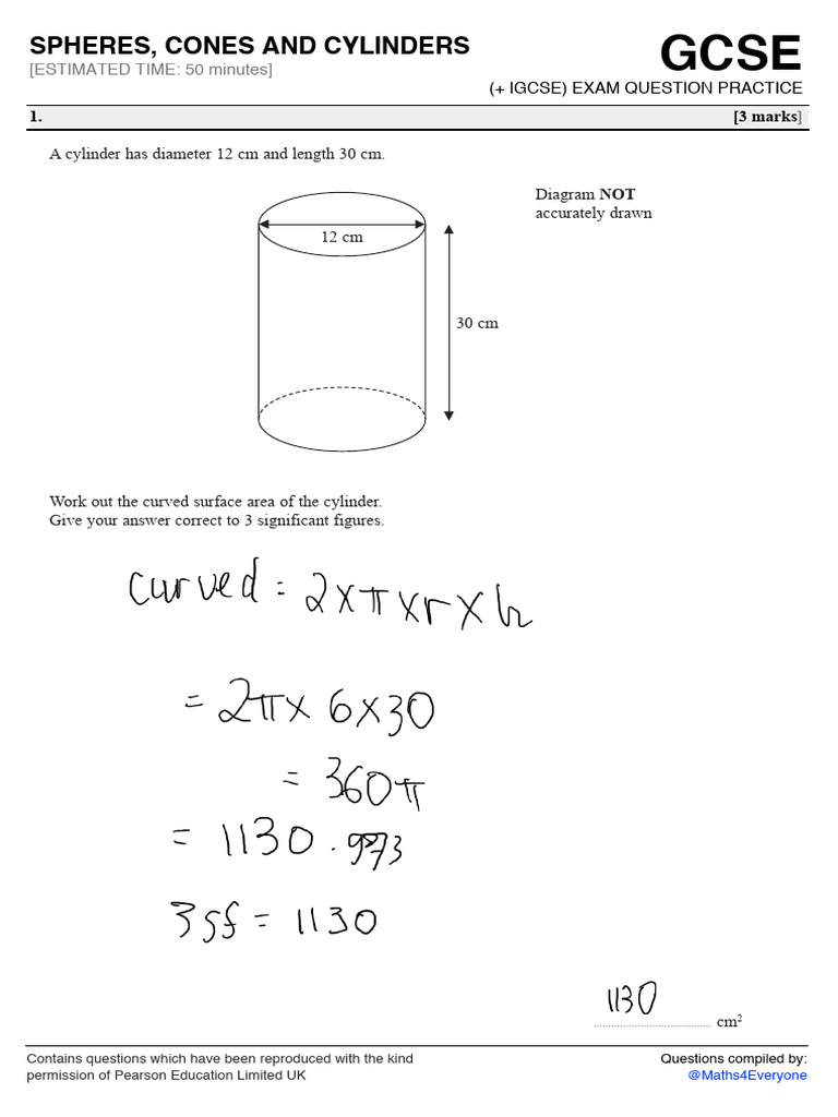 Cylinder, Cone, and Sphere Practice | PDF | Area | Sphere
