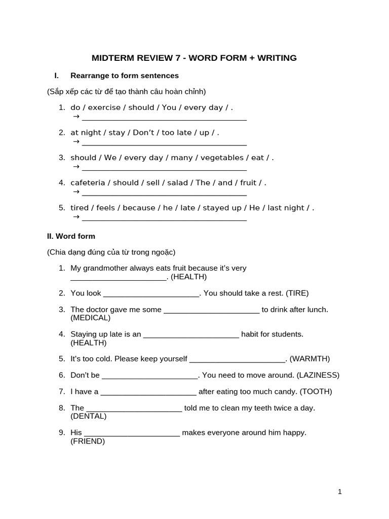 Midterm Review: Sentence Structure & Vocabulary | PDF