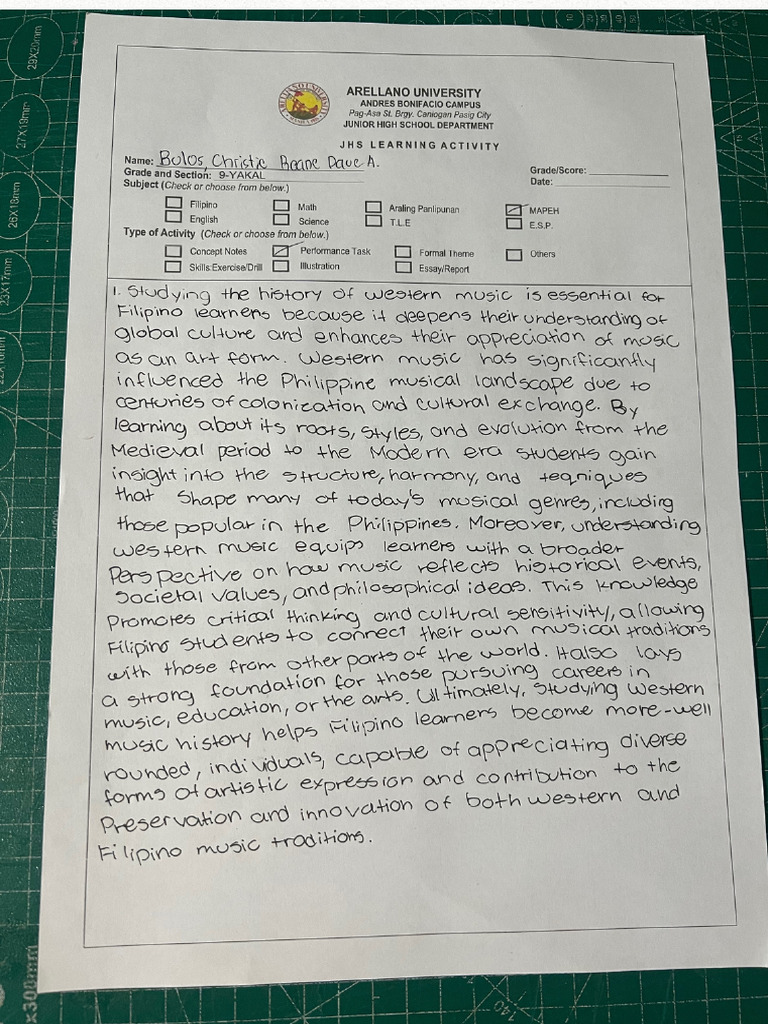 Softcopy (Essay in Mapeh) Bulos, Christie Reane Dave A. | PDF